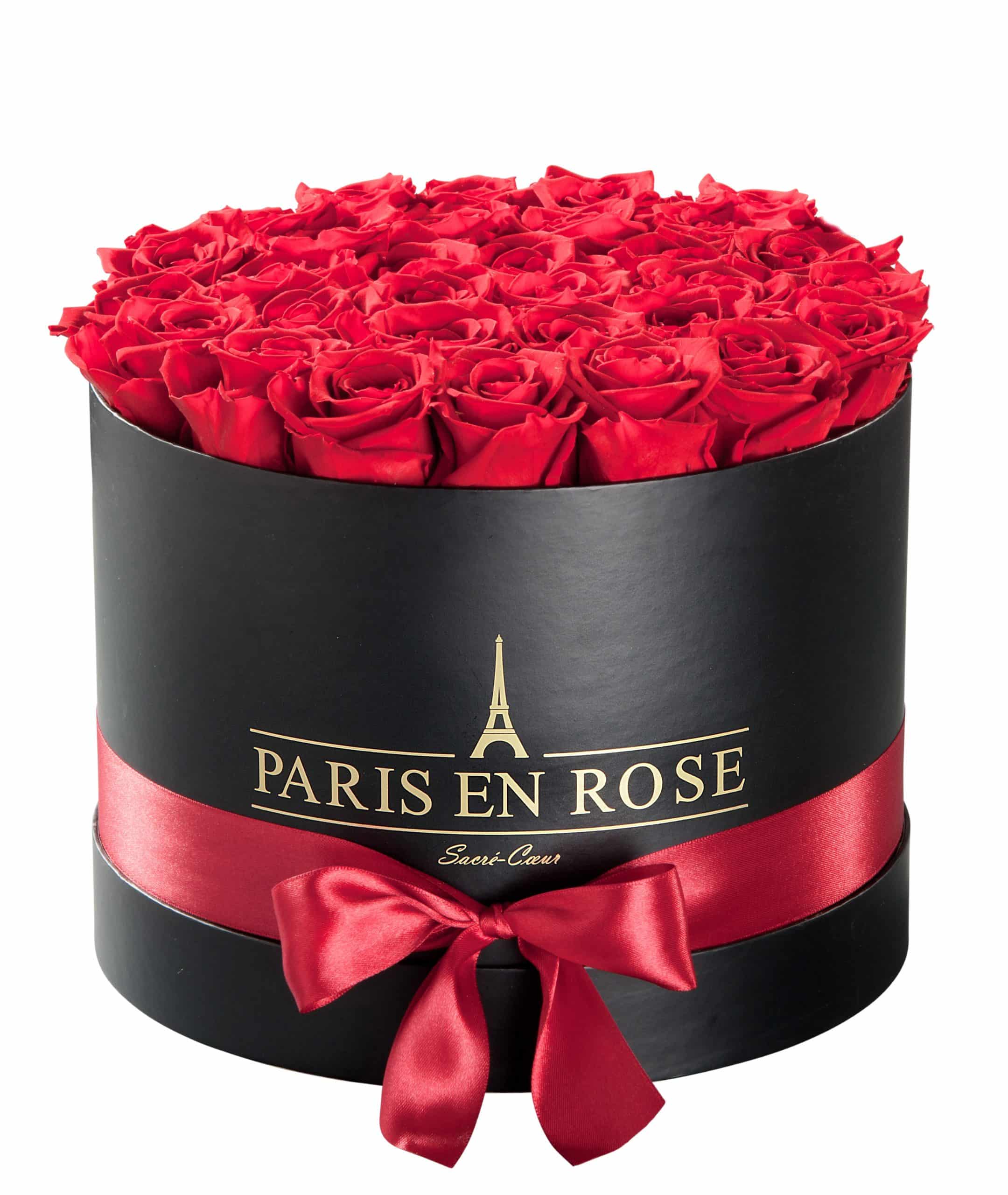 Rosenbox Schwarz mit Schleife | Rote Rosen | rund | Infinity