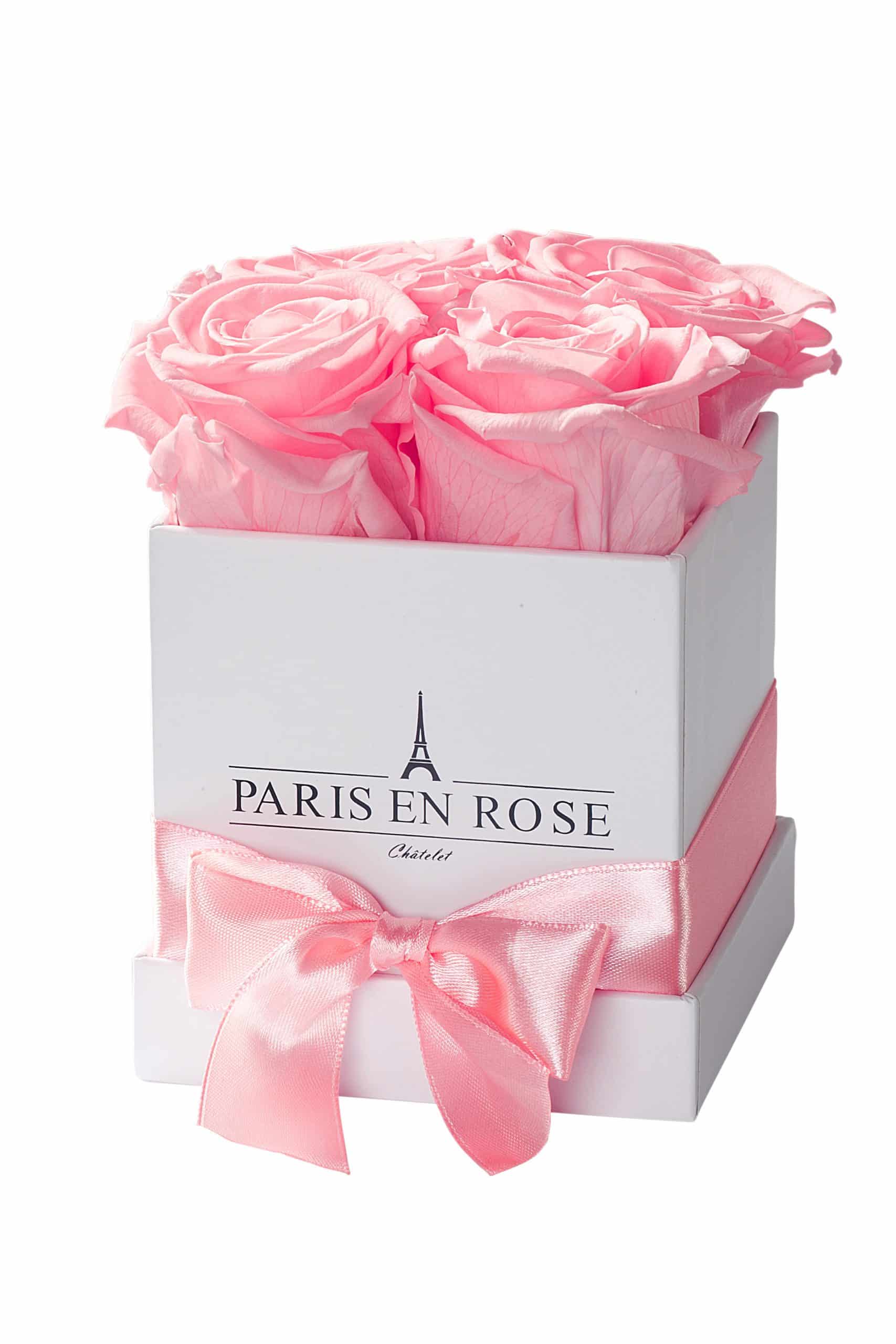 Rosenbox Weiß mit Schleife | Rosé Rosen | eckig | Infinity